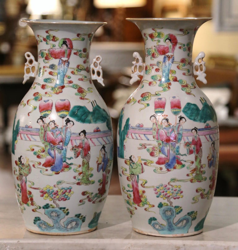 Pair of Mid-Century Chinese Polychrome Porcelain Vases at 1stDibs