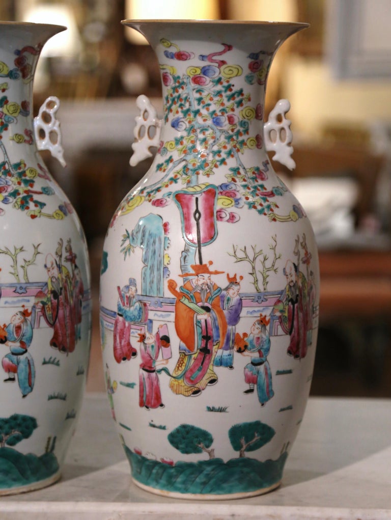 Pair of Mid-Century Chinese Polychrome Porcelain Vases at 1stDibs