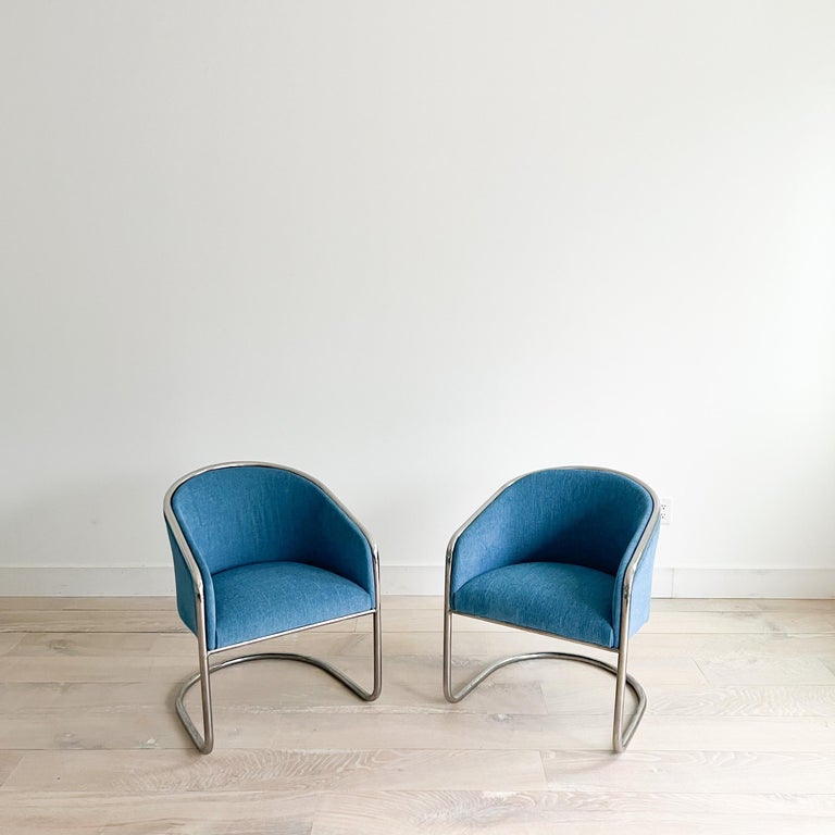 Pair of Mid Century Chrome Lounge Chairs by Thonet - New Blue ...