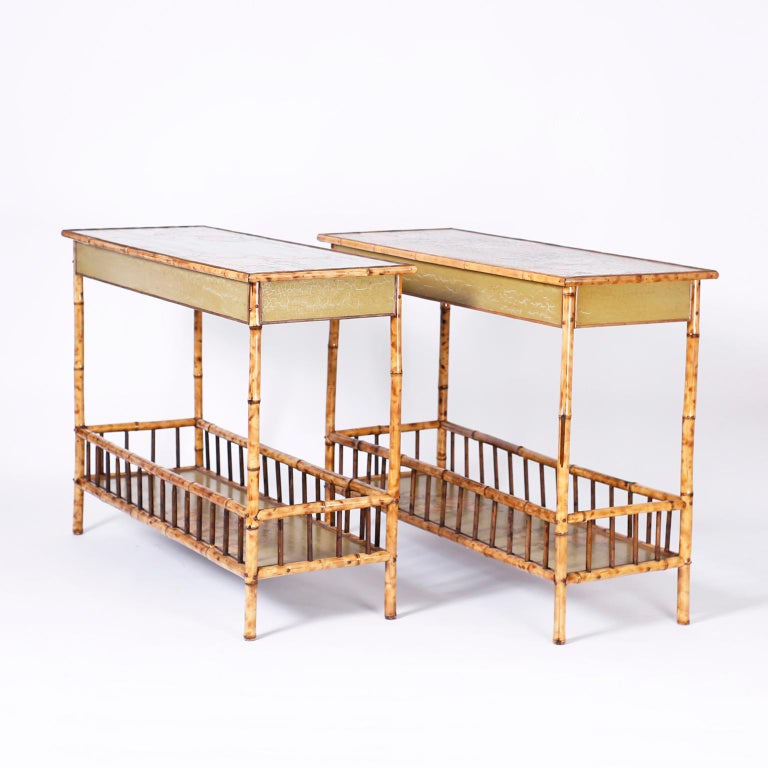 Pair of Midcentury Colonial Style Bamboo Consoles with Decoupage ...