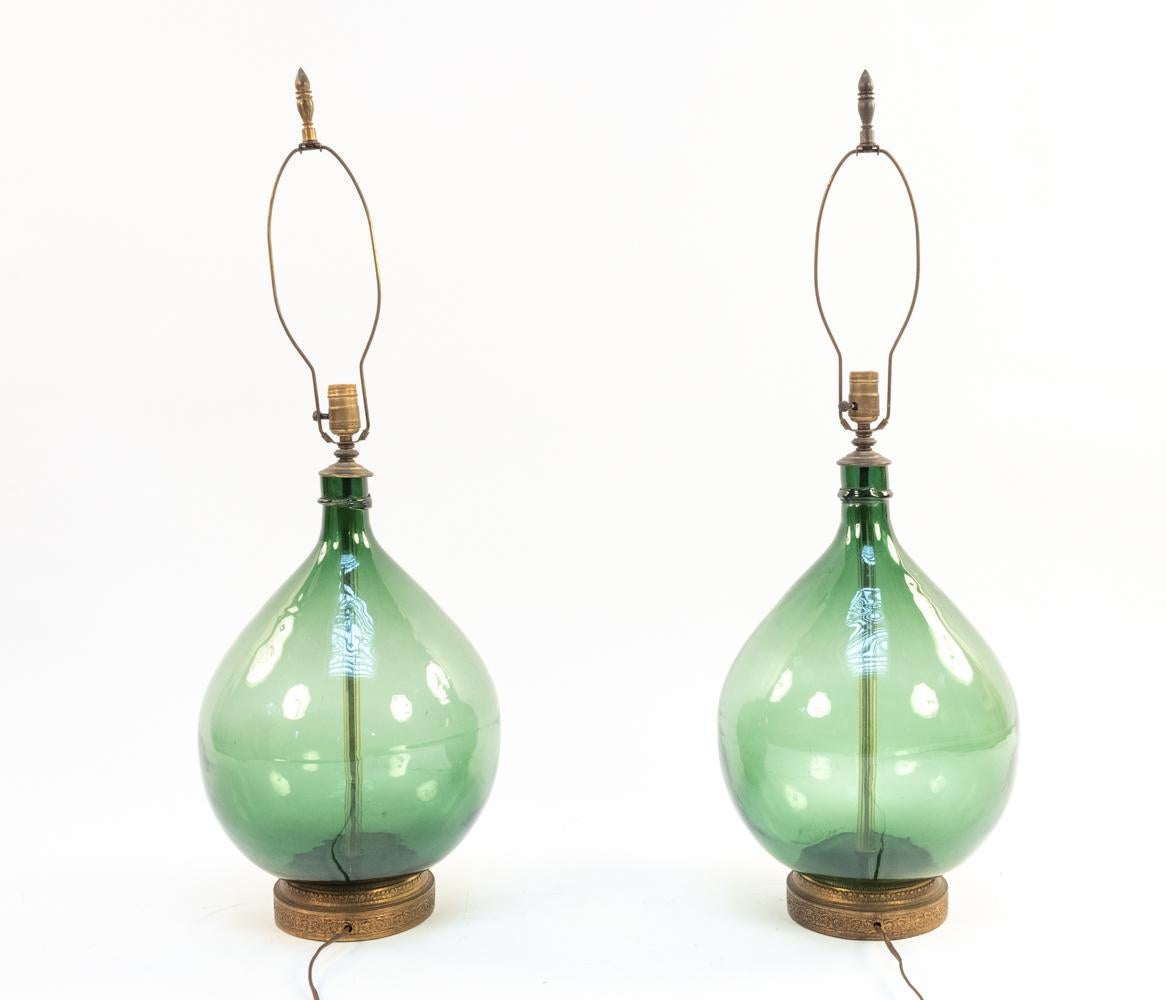 Pair of Midcentury Emerald Green Glass and Brass Demijohn Table Lamps ...