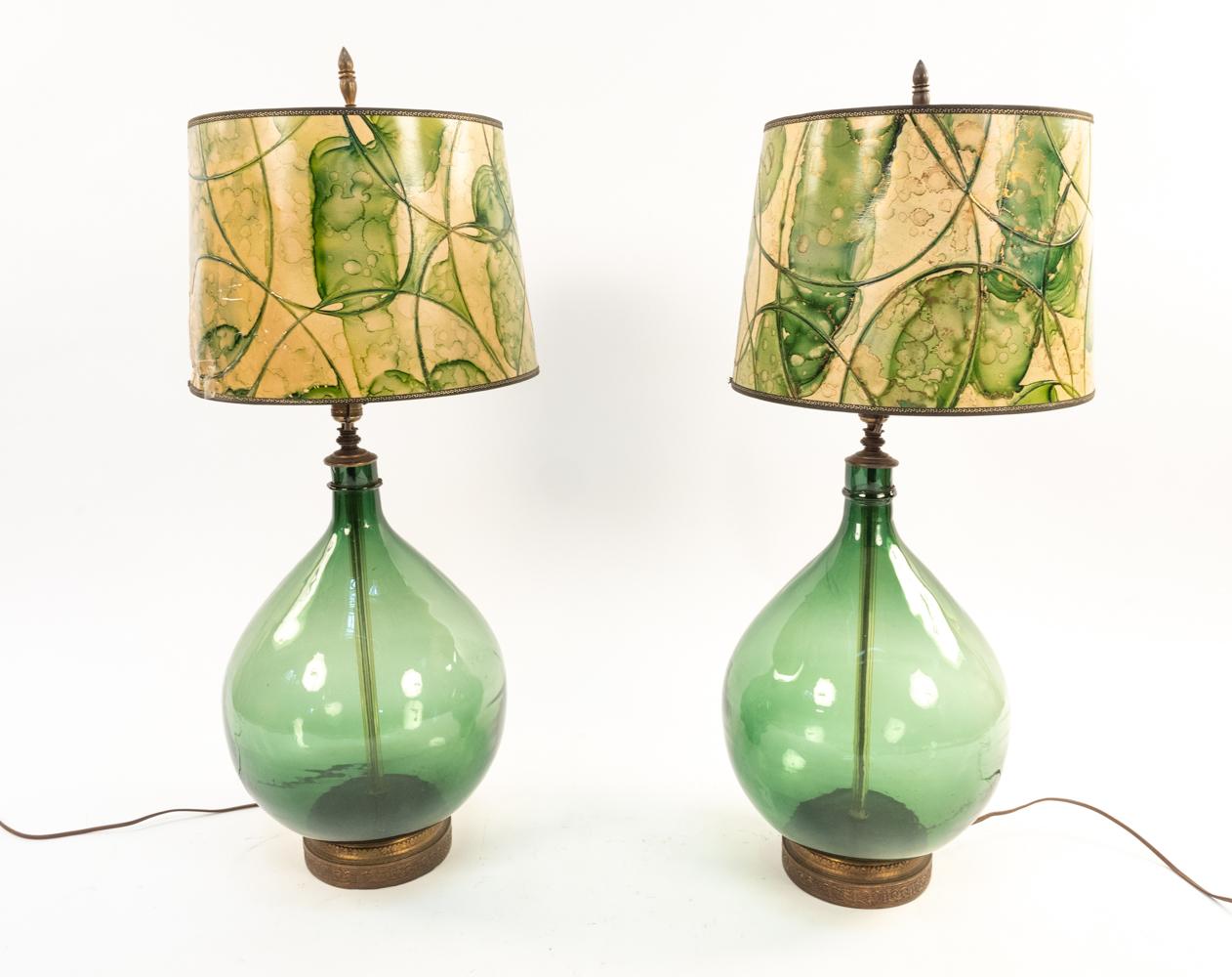 Pair of Midcentury Emerald Green Glass and Brass Demijohn Table Lamps ...