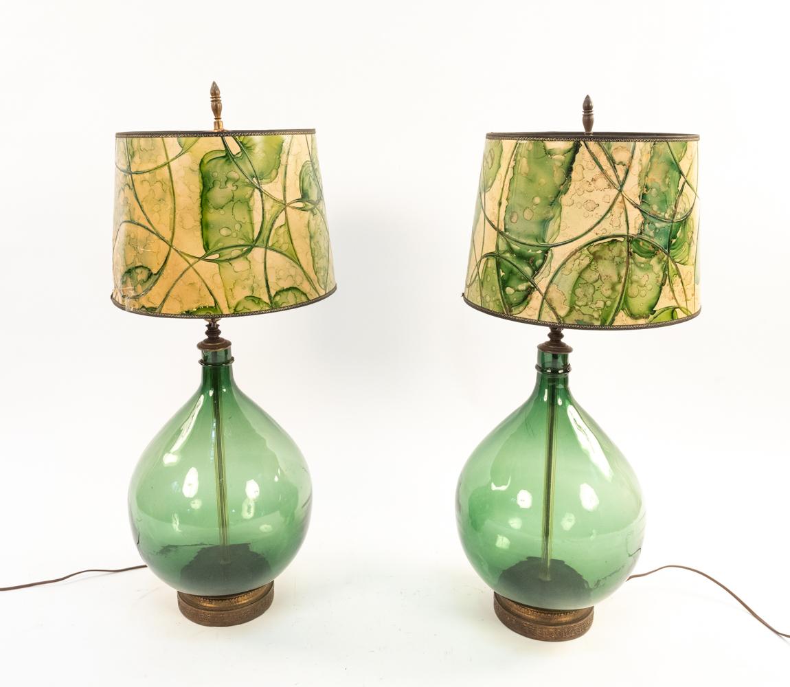 Pair of Midcentury Emerald Green Glass and Brass Demijohn Table Lamps ...