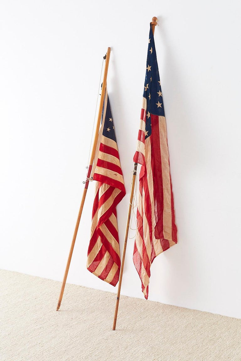 Pair of Midcentury Folk Art American Flags on Poles For Sale at 1stdibs