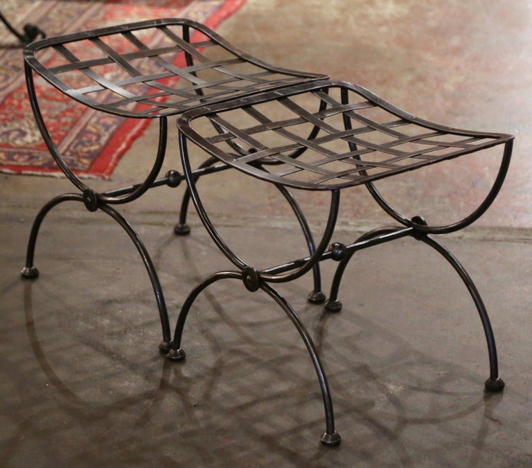 Pair of Midcentury French Polished Iron and Metal Curule Stools For ...