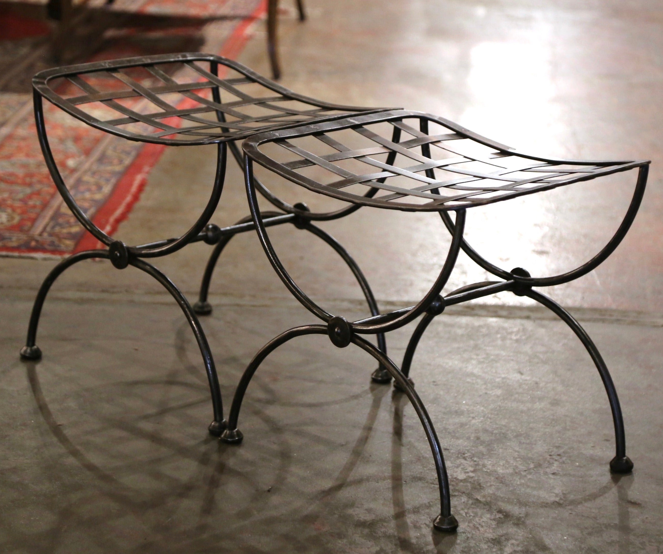 Pair of Midcentury French Polished Iron and Metal Curule Stools For ...