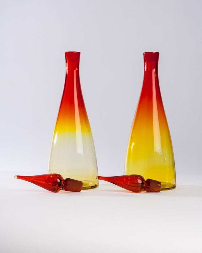 Pair of Mid-Century Gradient Red and Yellow Blenko Glass Decanters ...