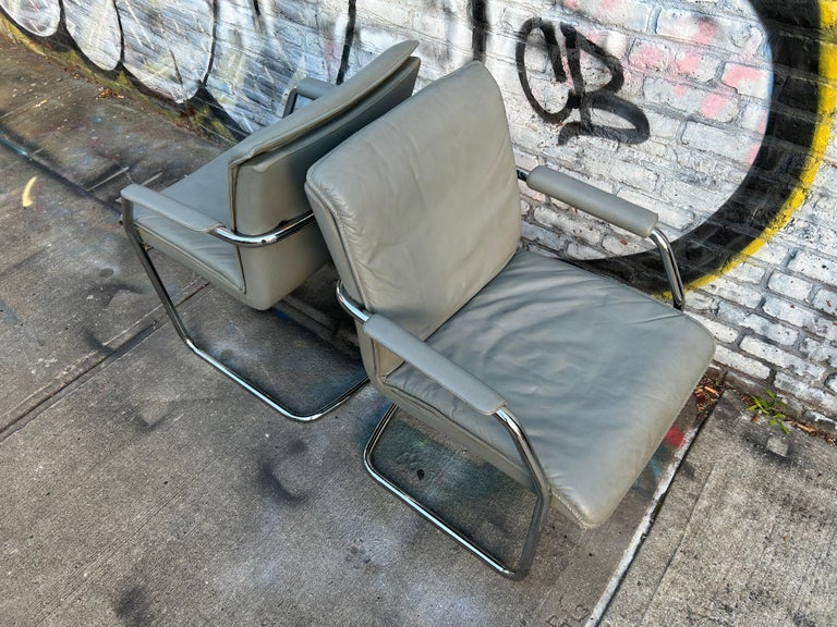 Pair of Mid Century Gray Leather Chrome Tubular Lounge Chairs by Cy ...