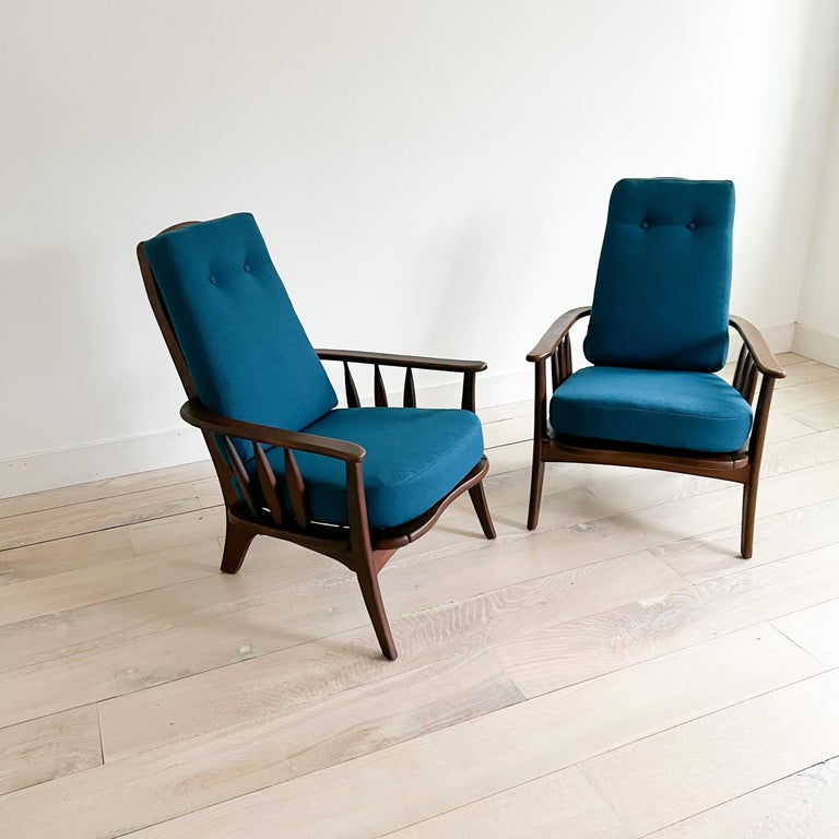 Pair of Midcentury High Back Lounge Chairs, New Teal Dark Upholstery ...