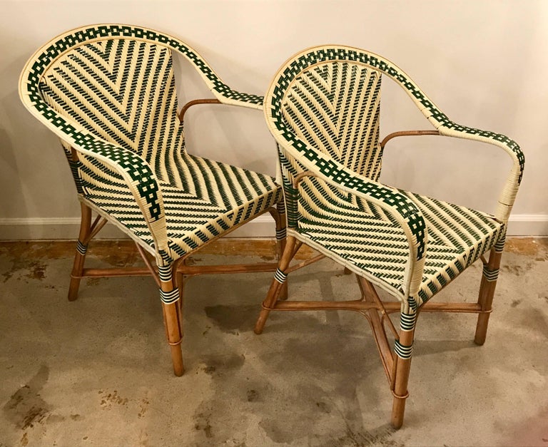 Pair of Mid Century French Armchairs, Two-Tone Wicker Rattan Chevron ...