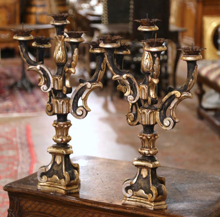 Pair of Mid-Century Italian Carved Giltwood and Painted Five-Arm ...