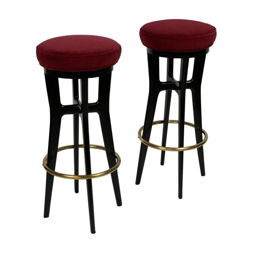 Pair of Parsons Stools with Brass Leg Detail at 1stDibs