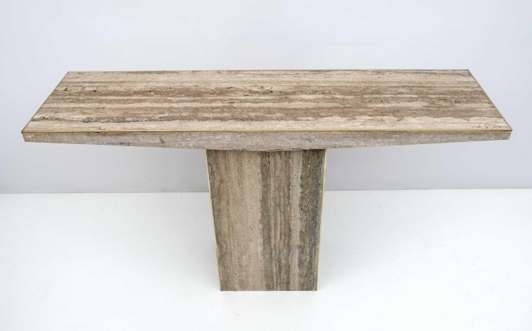 Pair of Mid Century Italian Unfilled Travertine and Brass Inlay Console ...