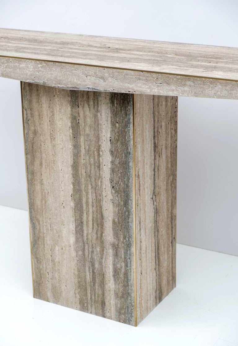 Pair of Mid Century Italian Unfilled Travertine and Brass Inlay Console ...