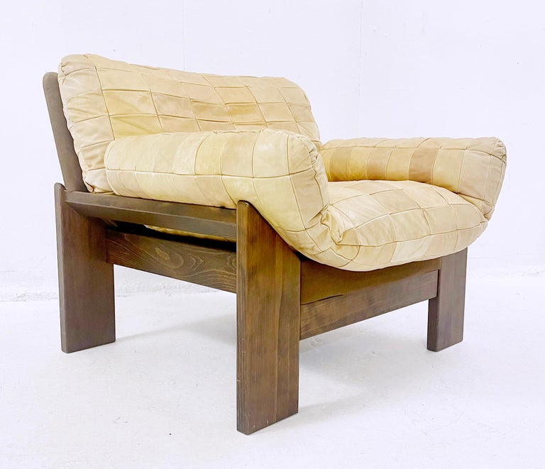 Pair of Mid-Century Leather Patchwork Wooden Armchairs, 1970s at 1stDibs