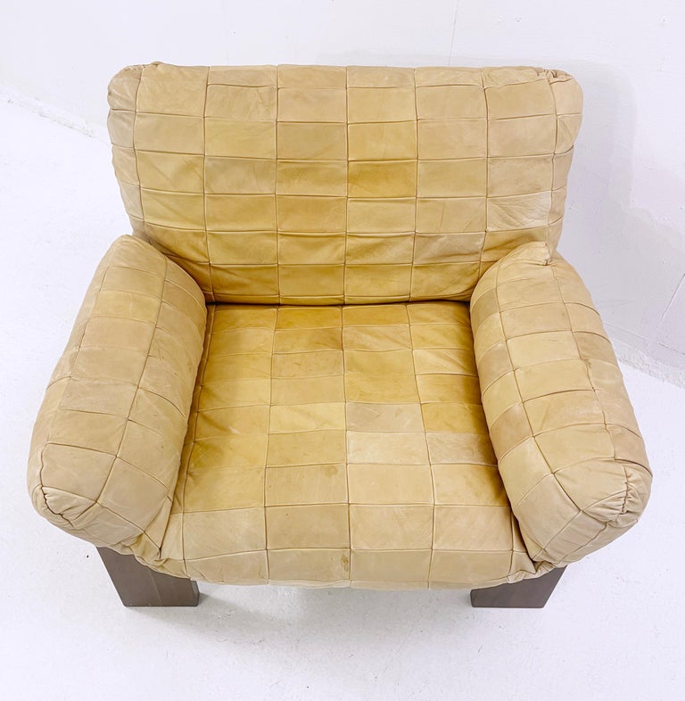 Pair of Mid-Century Leather Patchwork Wooden Armchairs, 1970s at 1stDibs