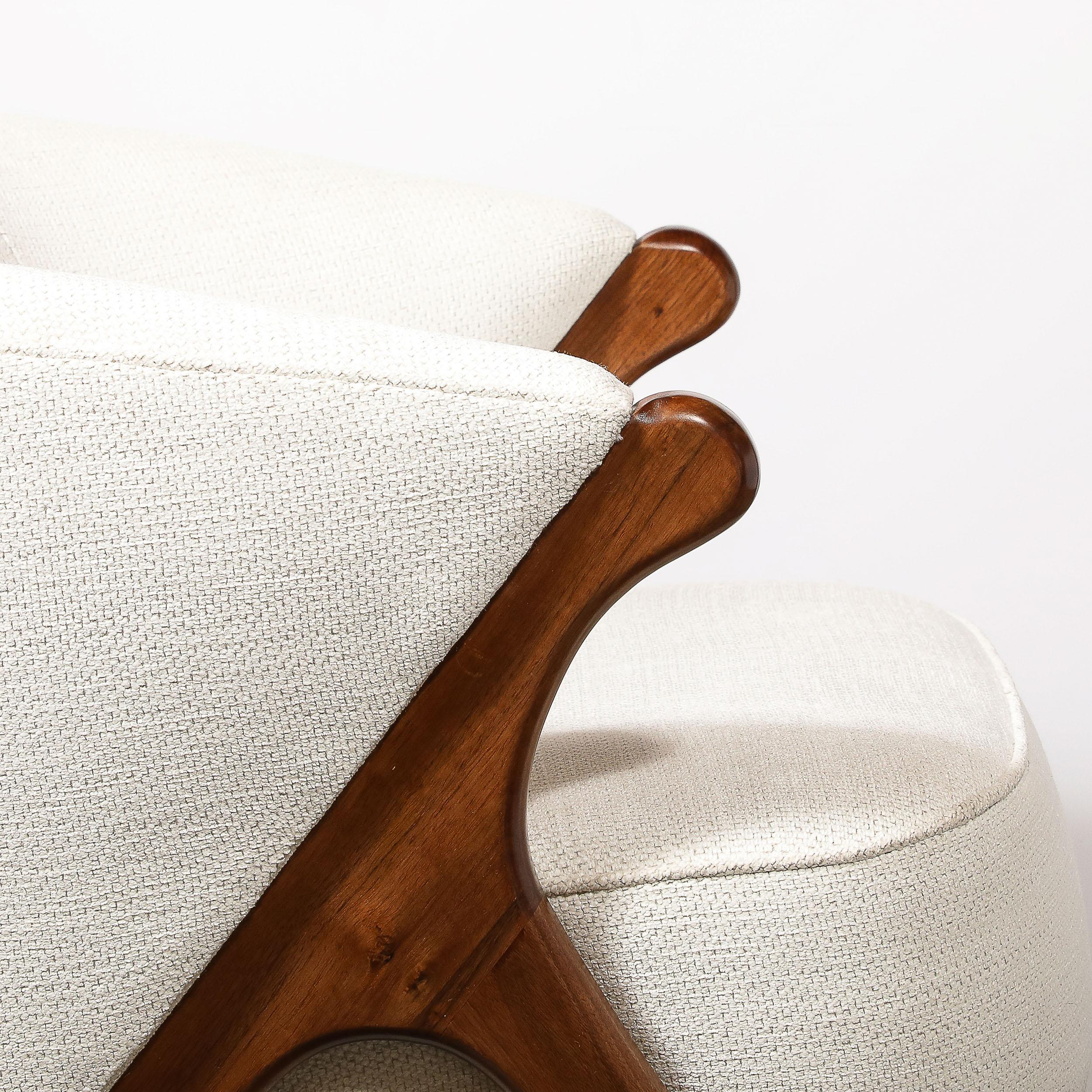 Pair of Mid Century Lounge Chairs in Walnut and Fabric w/ Brass Sabots ...