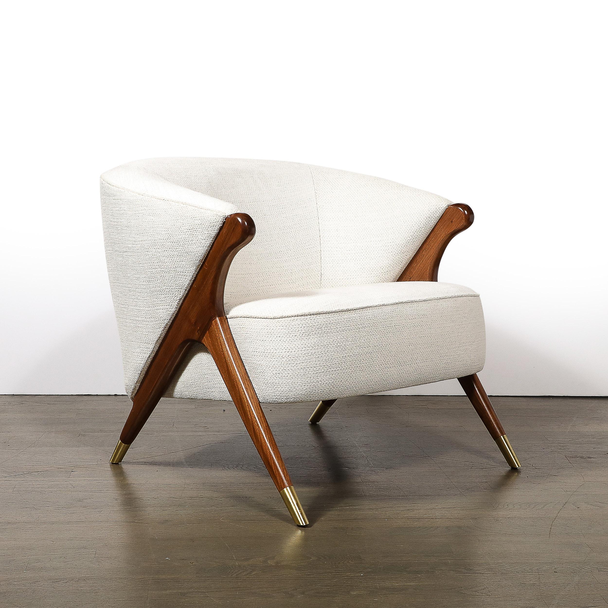 Pair of Mid Century Lounge Chairs in Walnut and Fabric w/ Brass Sabots ...
