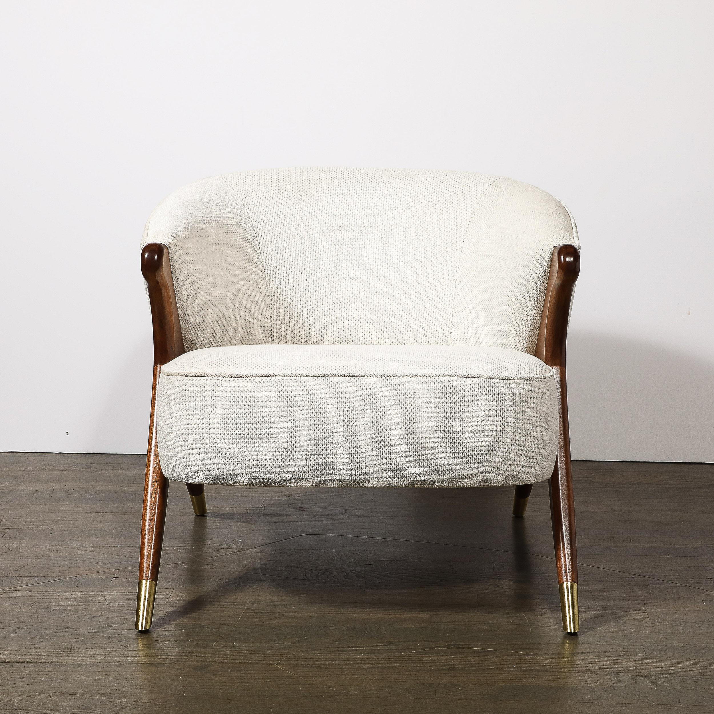 Pair of Mid Century Lounge Chairs in Walnut and Fabric w/ Brass Sabots ...