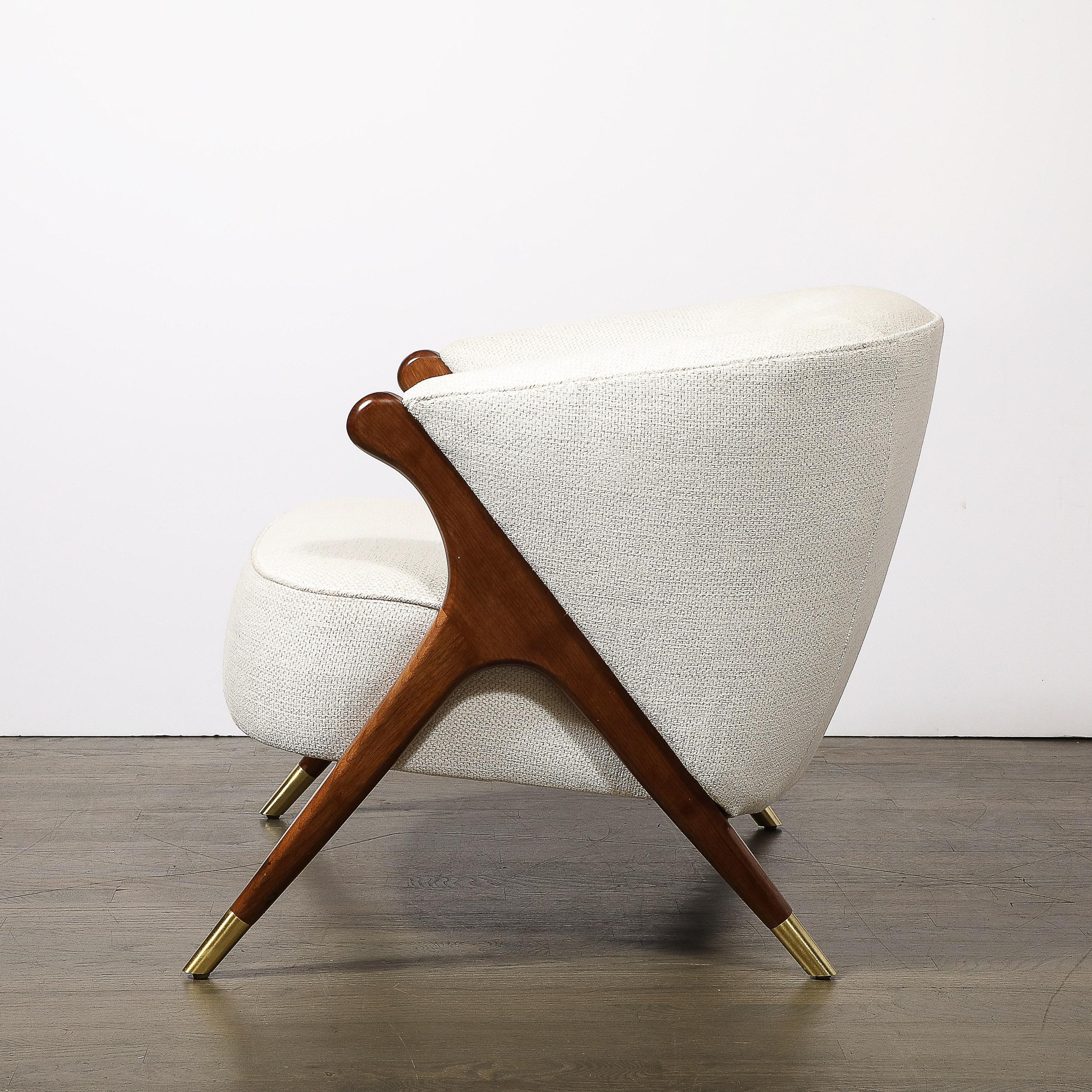 Pair of Mid Century Lounge Chairs in Walnut and Fabric w/ Brass Sabots ...