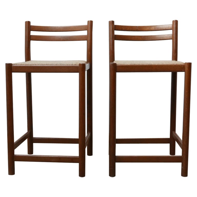Pair of Midcentury Low Rush Bar Stools at 1stDibs