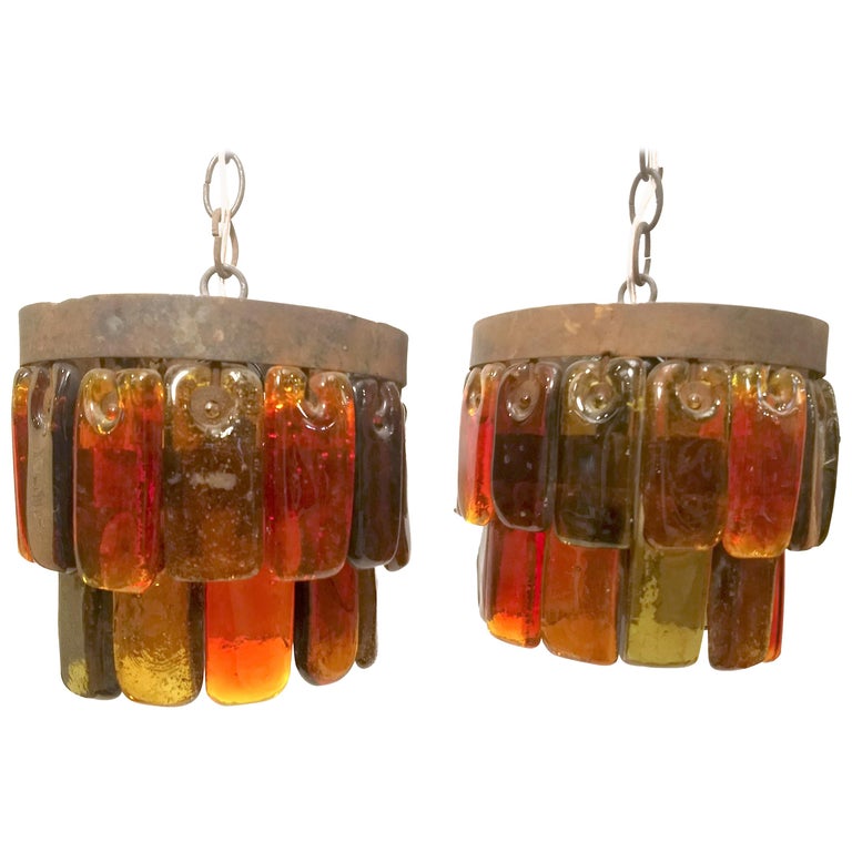 Pair of Mid Century Mexican Pendant Lights Iron and Blown Glass by ...