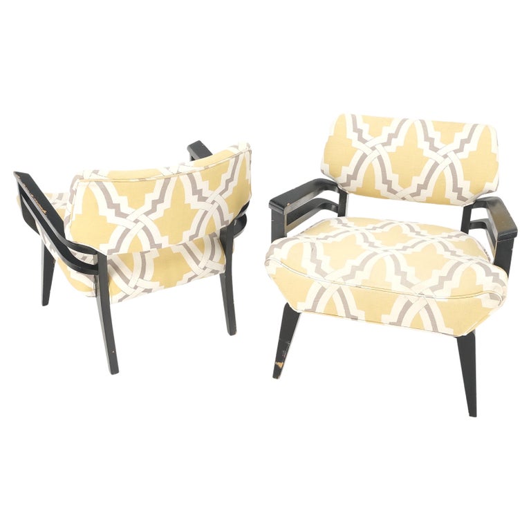 Pair of Mid-Century Modern Black Lacquer Abstract Fabric Lounge Chairs ...