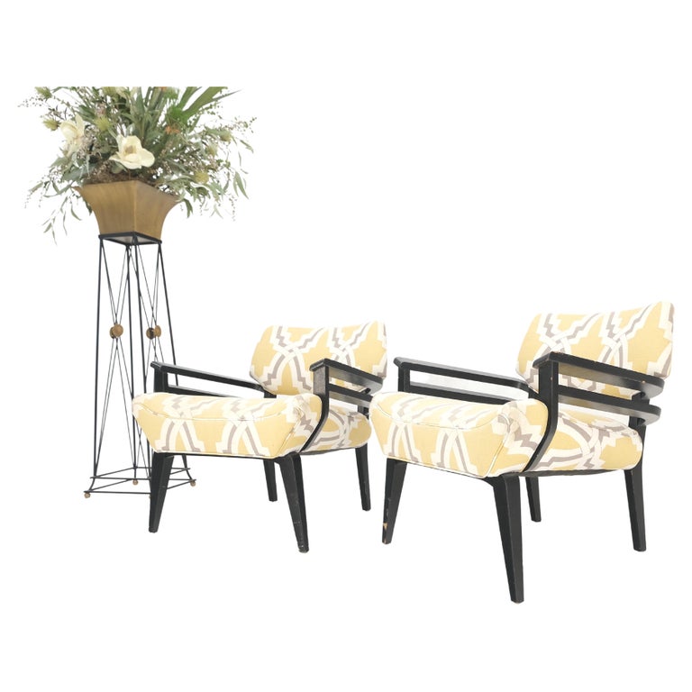Pair of Mid-Century Modern Black Lacquer Abstract Fabric Lounge Chairs ...