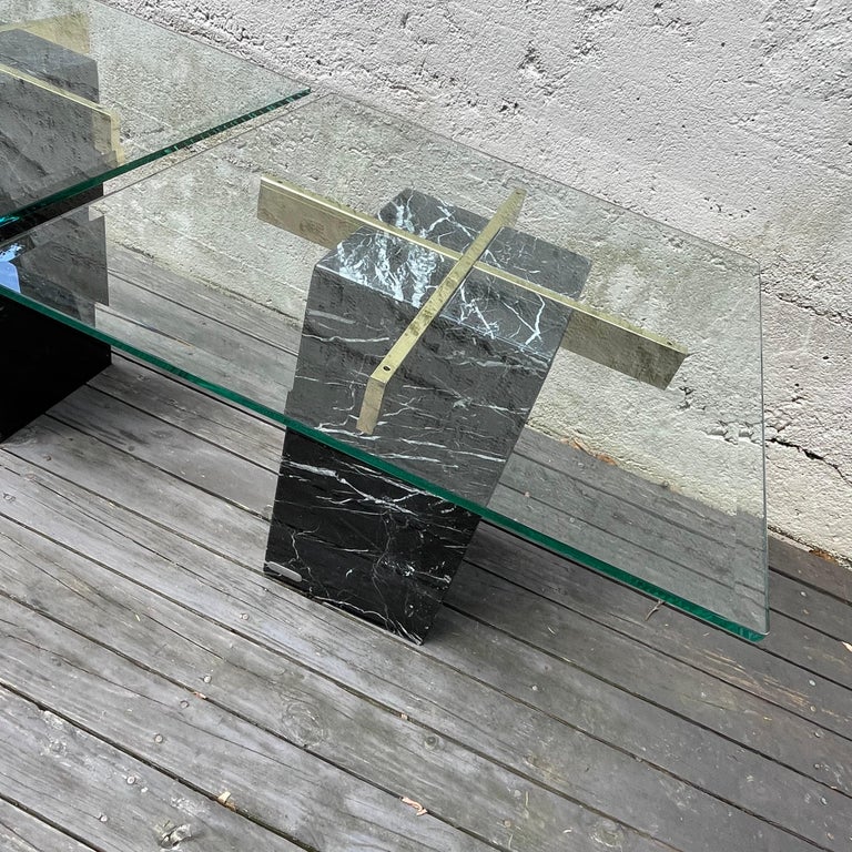 Pair of Mid-Century Modern Black Travertine Base Side Tables, Glass ...