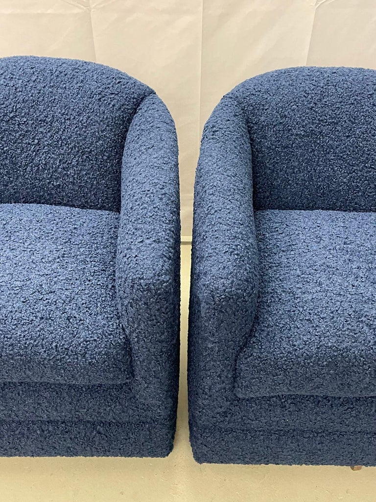 Pair of Mid-Century Modern Blue Boucle Swivel / Barrel Chairs, Edward ...