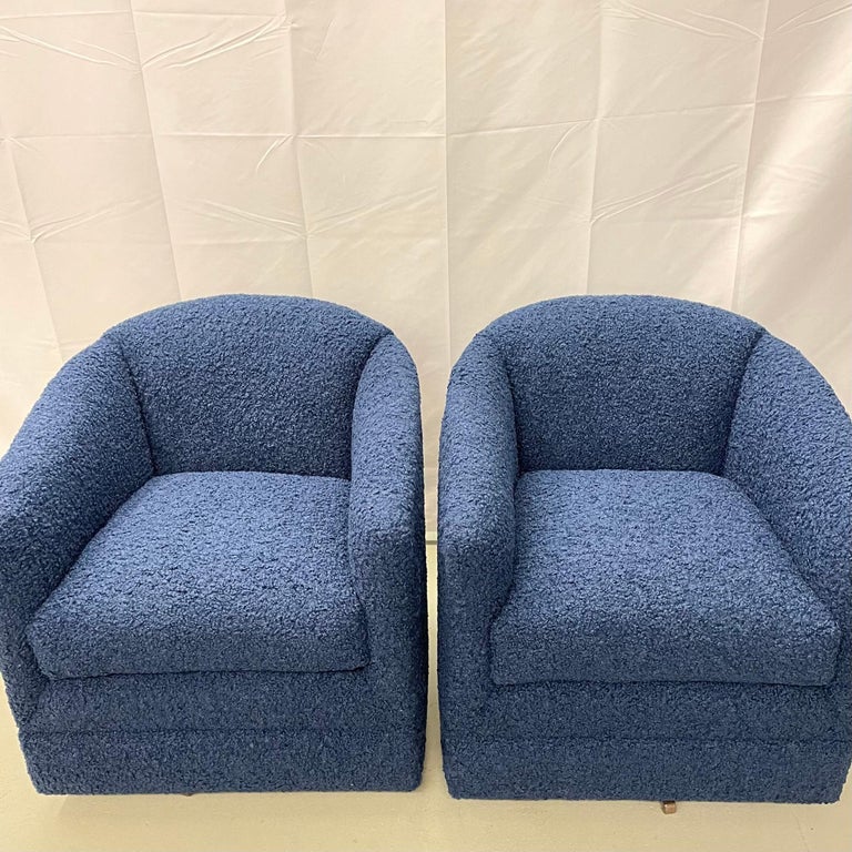 Pair of Mid-Century Modern Blue Boucle Swivel / Barrel Chairs, Edward ...