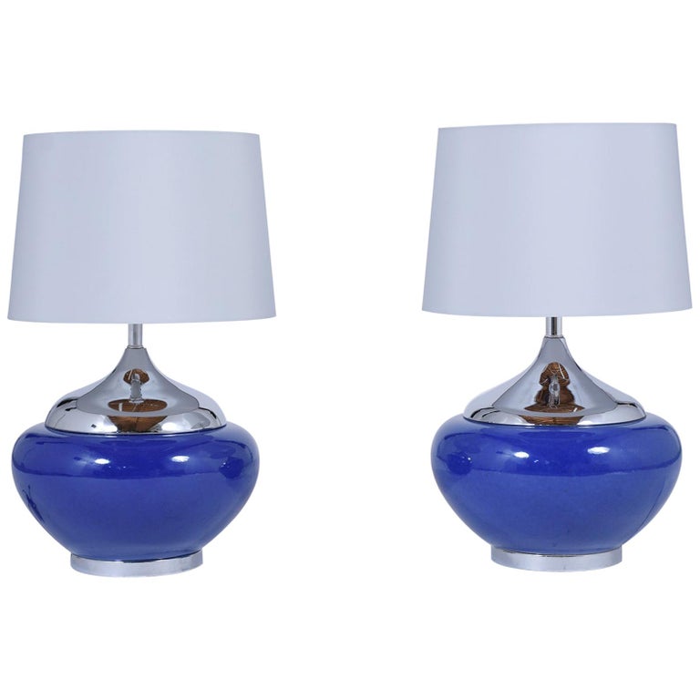 Pair of Mid-Century Modern Blue Ceramic Table Lamps at 1stDibs
