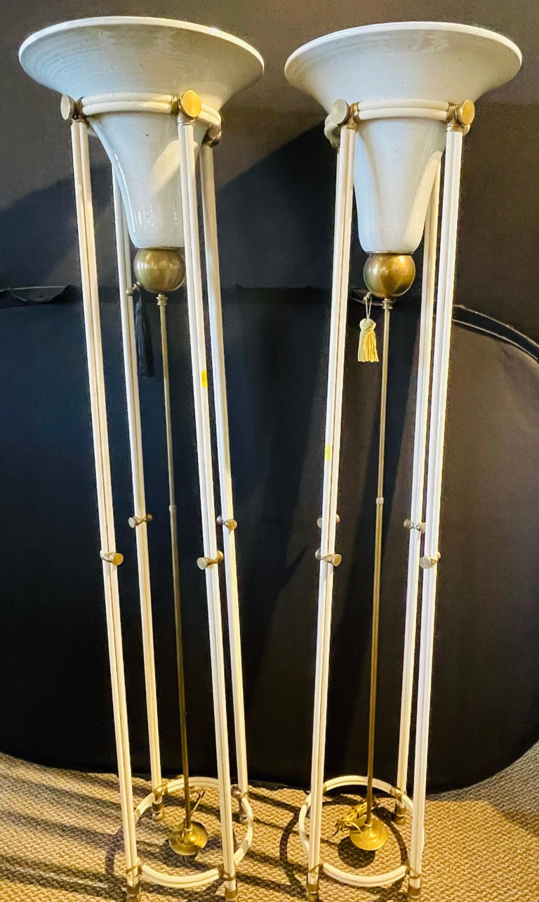 Pair of Mid-Century Modern Bronze Floor Torchiere Lamps with Porcelain ...