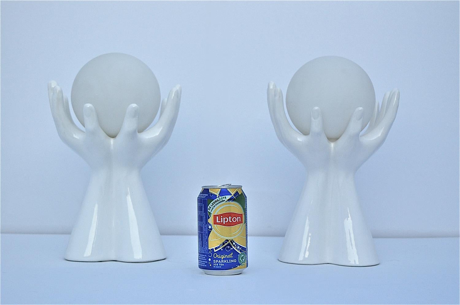 Pair of Mid-Century Modern Ceramic Hand Table Lamps For Sale at 1stDibs