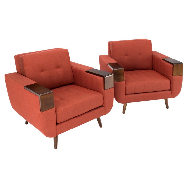 Pair of Mid-Century Modern Deep Seats Lounge Club Chairs Wood Arms Mint ...