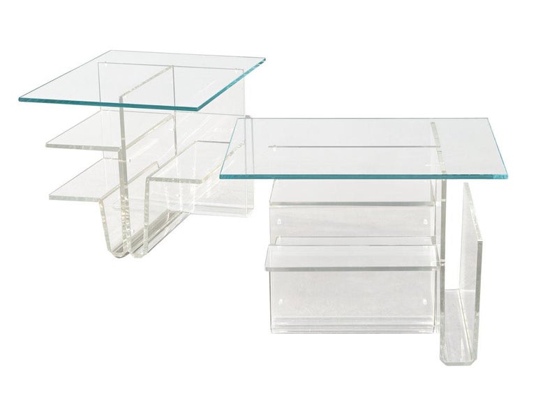 Pair of Mid-Century Modern Glass Top Acrylic End Tables Magazine Stands ...