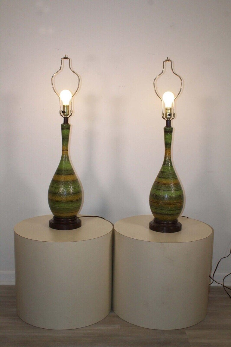 Pair of Mid-Century Modern Green Striped Ceramic Lamps For Sale at 1stDibs