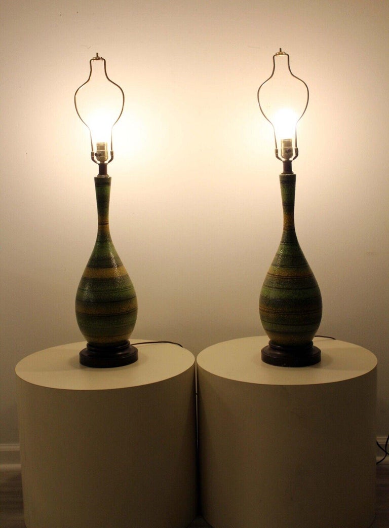 Pair of Mid-Century Modern Green Striped Ceramic Lamps For Sale at 1stDibs