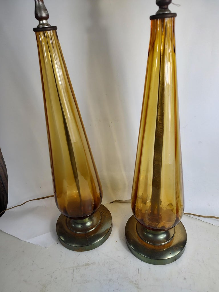 Pair of Mid-Century Modern Italian Ribbed and Tapered Amber Glass Table ...