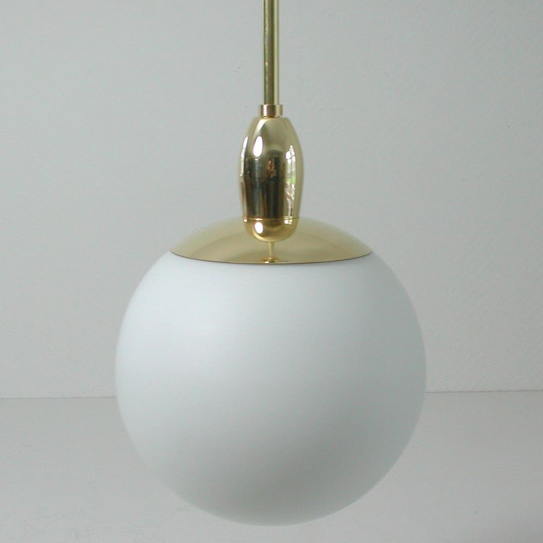 Pair of Mid-Century Modern Italian Satinated Glass and Brass Pendants ...