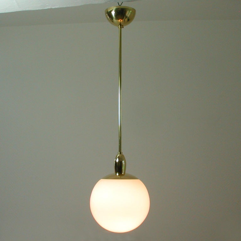 Pair of Mid-Century Modern Italian Satinated Glass and Brass Pendants ...