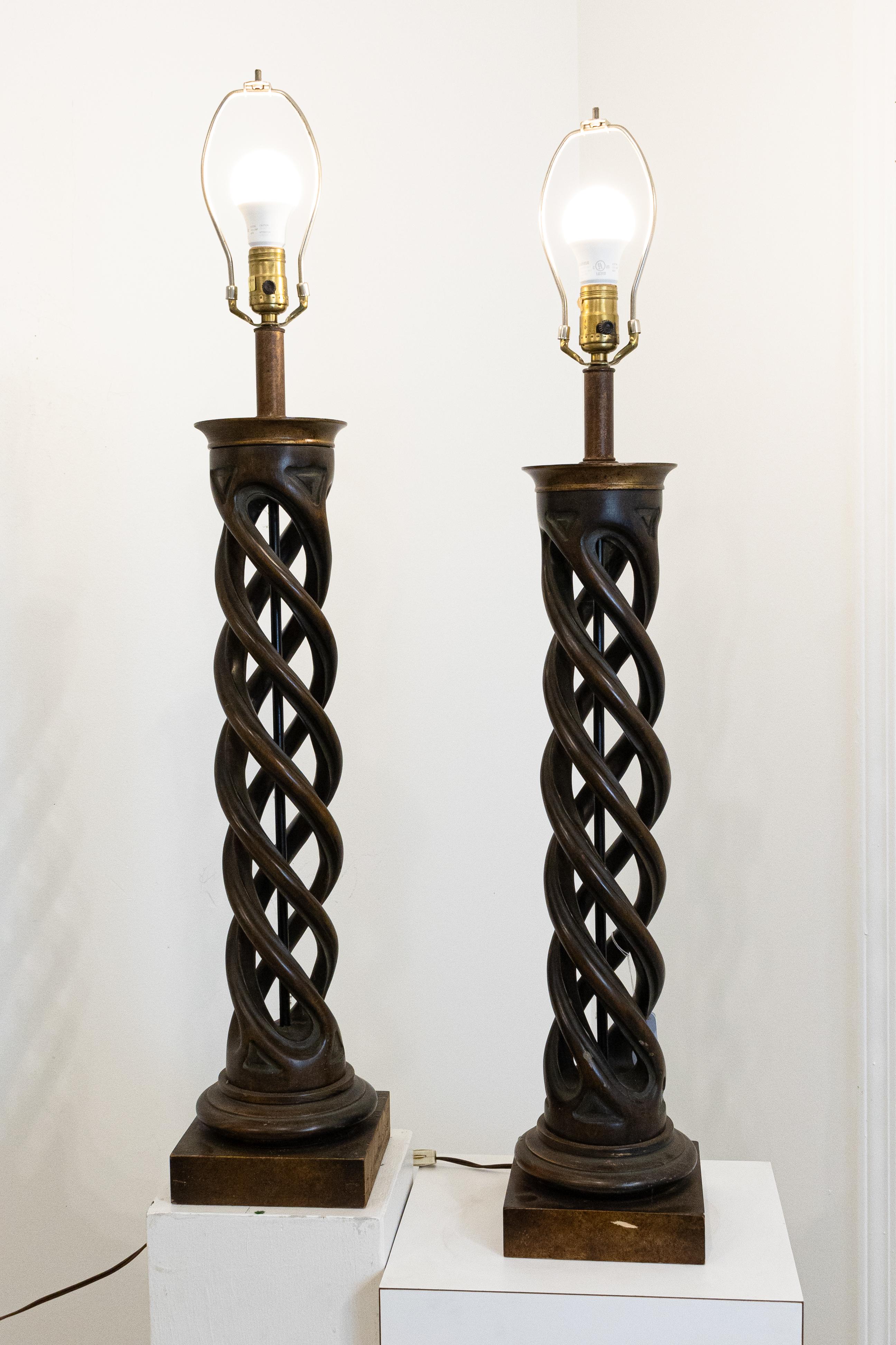 Pair of Mid-Century Modern James Mont Wood Spiral Helix Lamps at 1stDibs