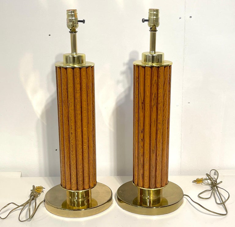 Pair of Mid-Century Modern Mahogany and Brass Column Lamps For Sale at ...