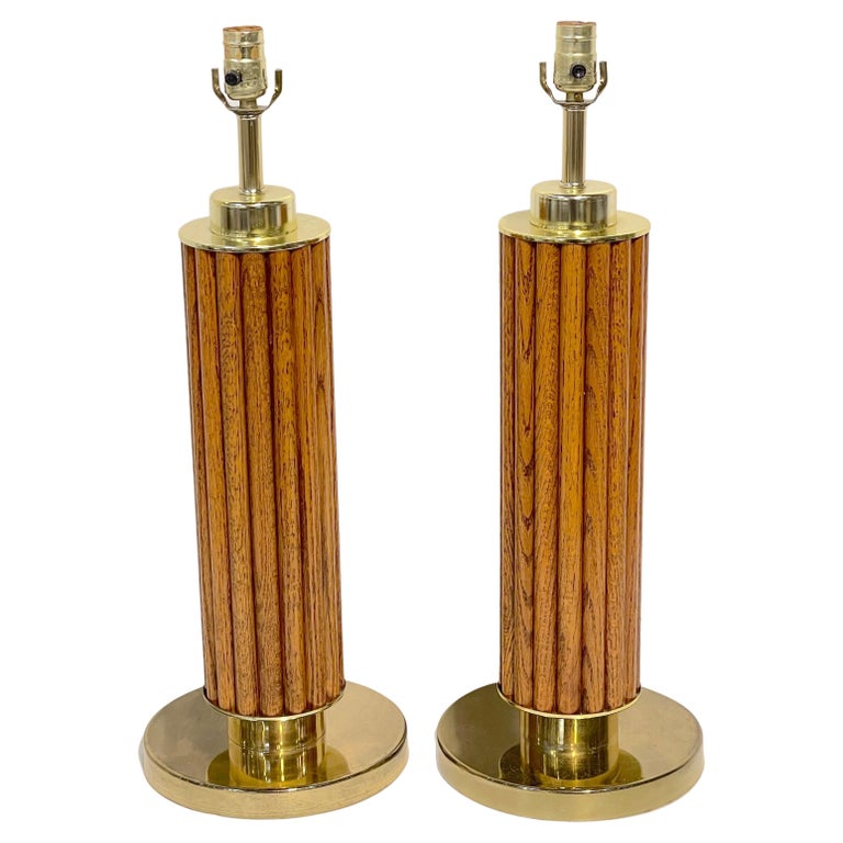 Pair of Mid-Century Modern Mahogany and Brass Column Lamps For Sale at ...