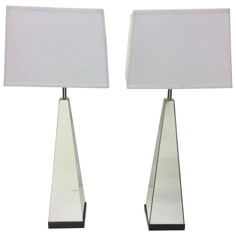 Pair of Mid-Century Modern Mirrored Obelisk Table Lamps For Sale at 1stDibs