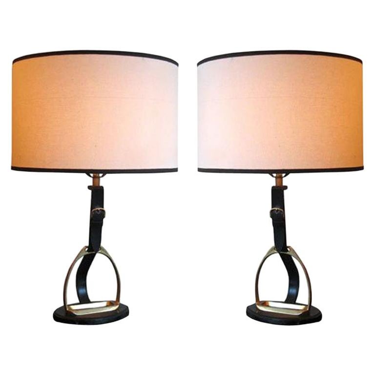 Pair Modern Neoclassical Stitched Leather and Brass Stirrup Table Lamps ...