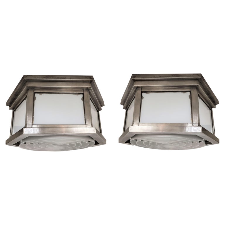 Pair of Mid Century Modern Nickeled Brass and White Glass Flush Mounts ...
