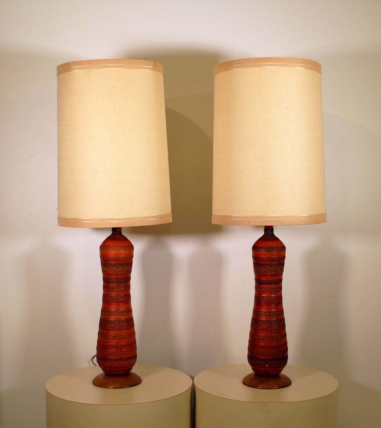 Pair of Mid Century Modern Orange Striped Ceramic Lamps For Sale at 1stDibs