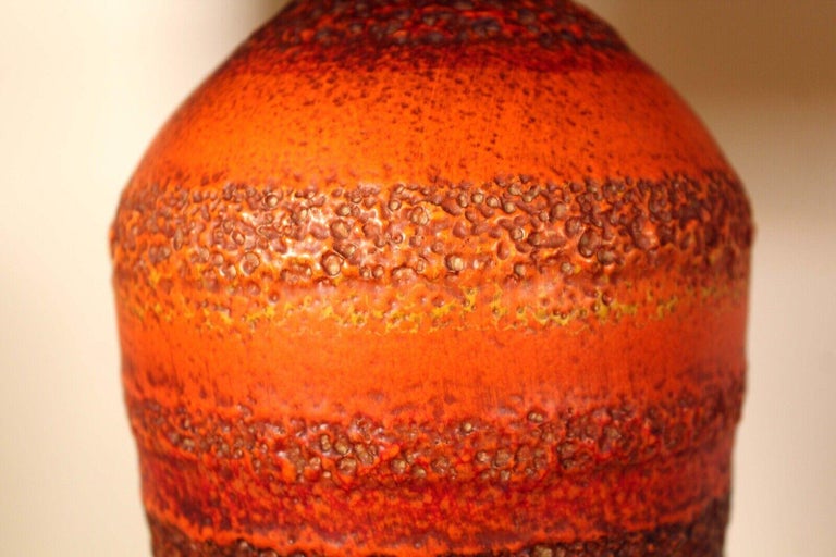 Pair of Mid Century Modern Orange Striped Ceramic Lamps For Sale at 1stDibs