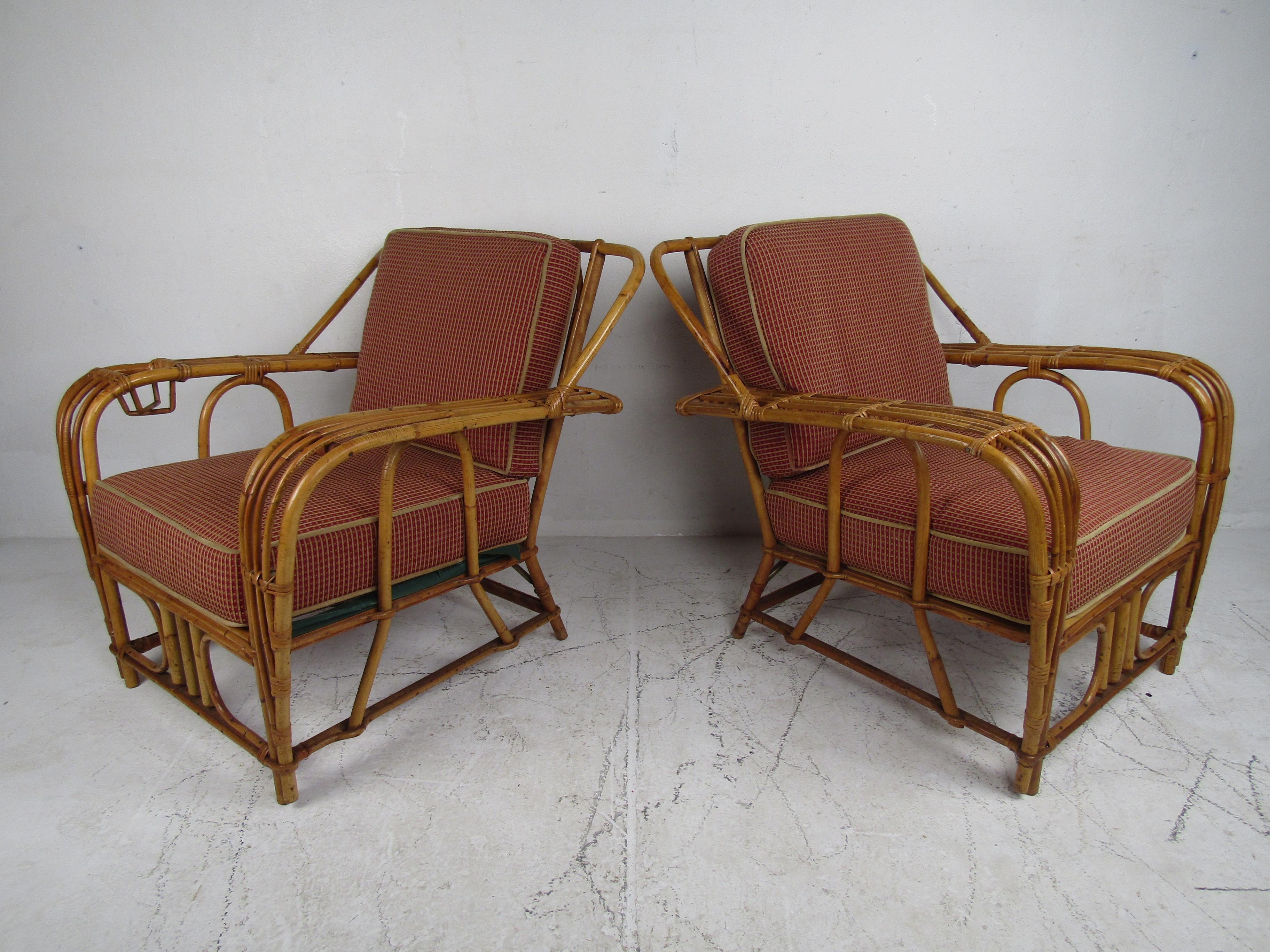 Pair of Mid-Century Modern Rattan Woven Lounge Chairs at 1stDibs